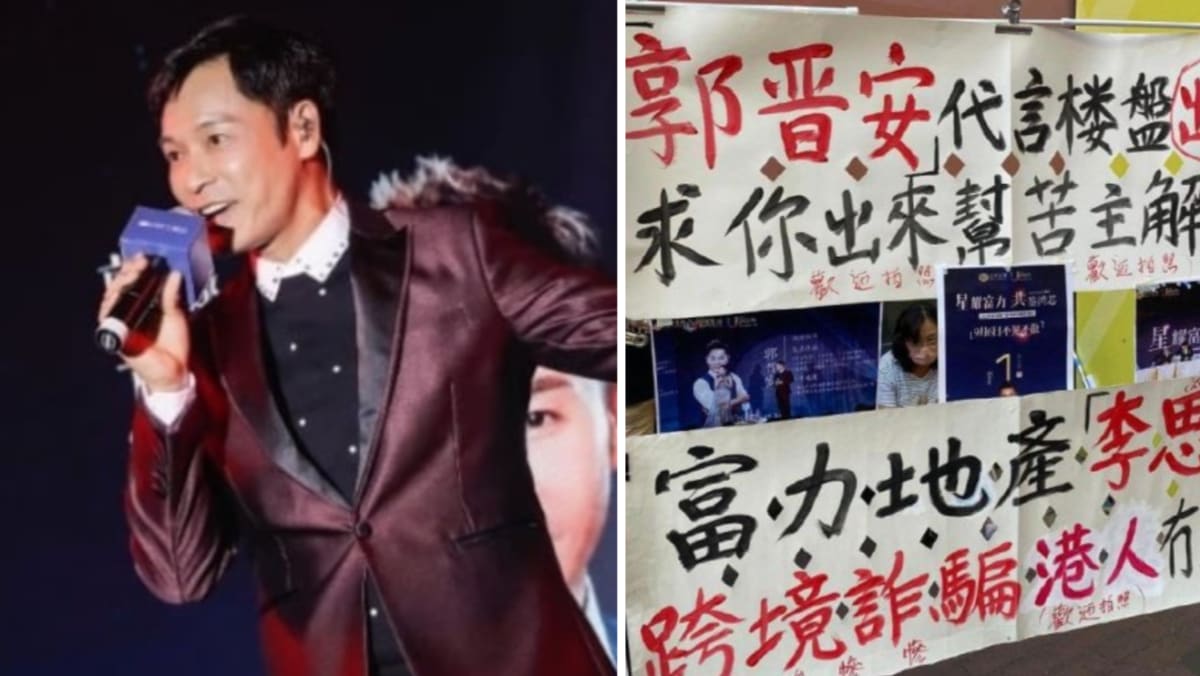 Fraud victims hang banners with TVB actor Roger Kwok’s name splashed across them in Hong Kong ...
