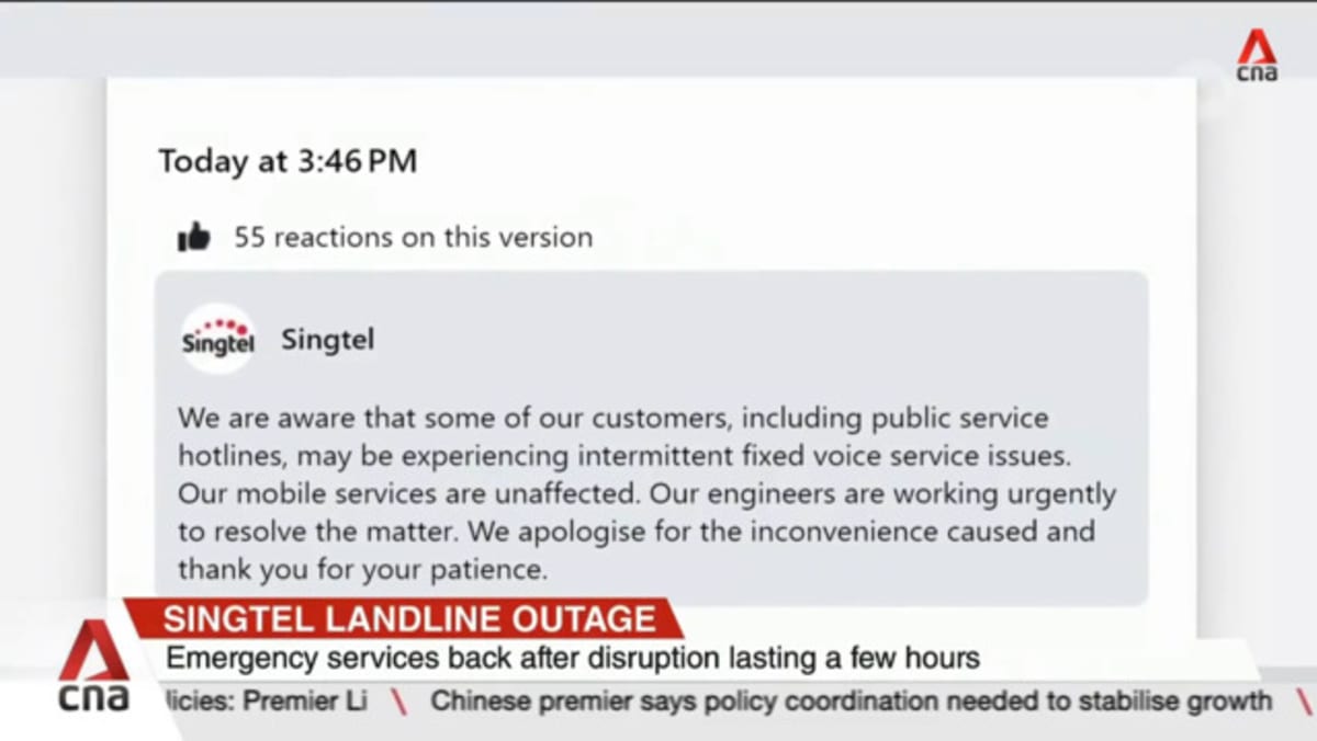 Hotlines for emergency services, banks restored after hours-long Singtel landline outage - CNA