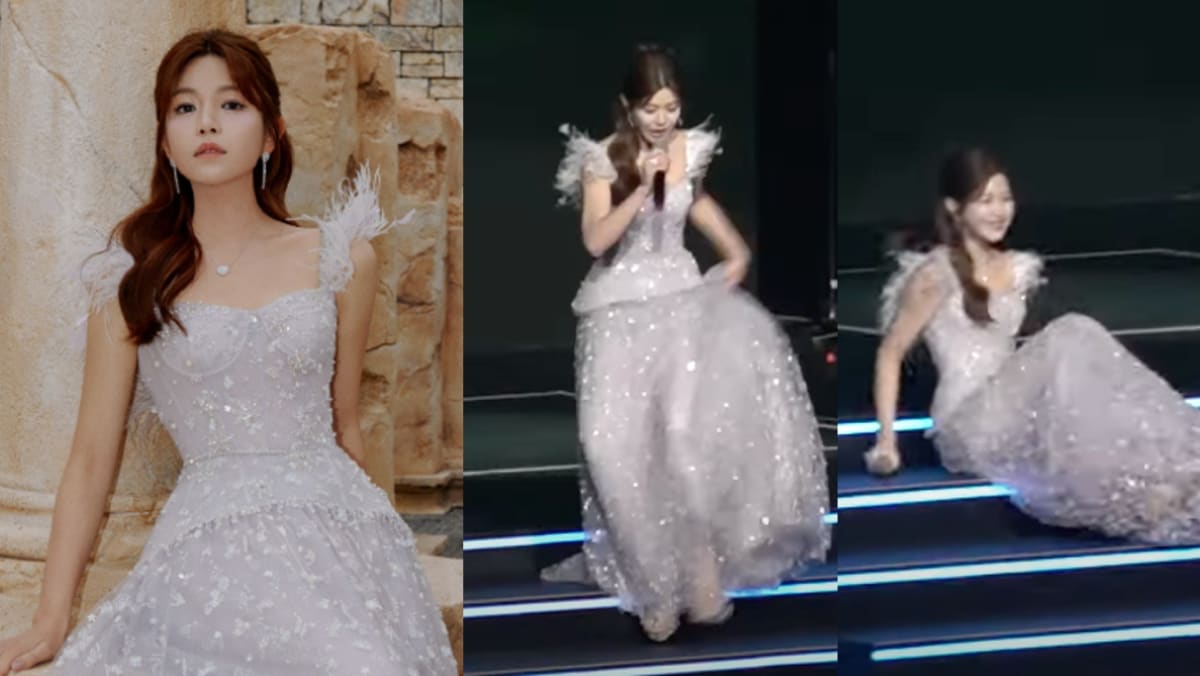 Taiwanese star Michelle Chen trips on dress and falls on stage at Macau ...