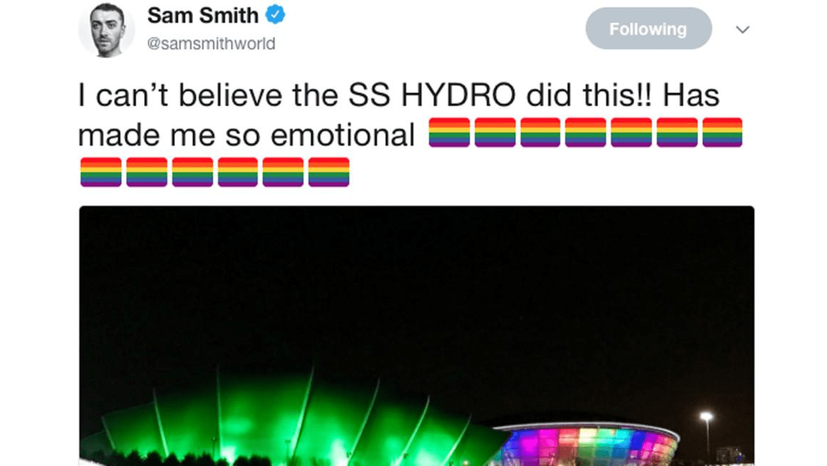 Sam Smith honoured with gay pride lights at Glasgow's SSE Hydro - 8days