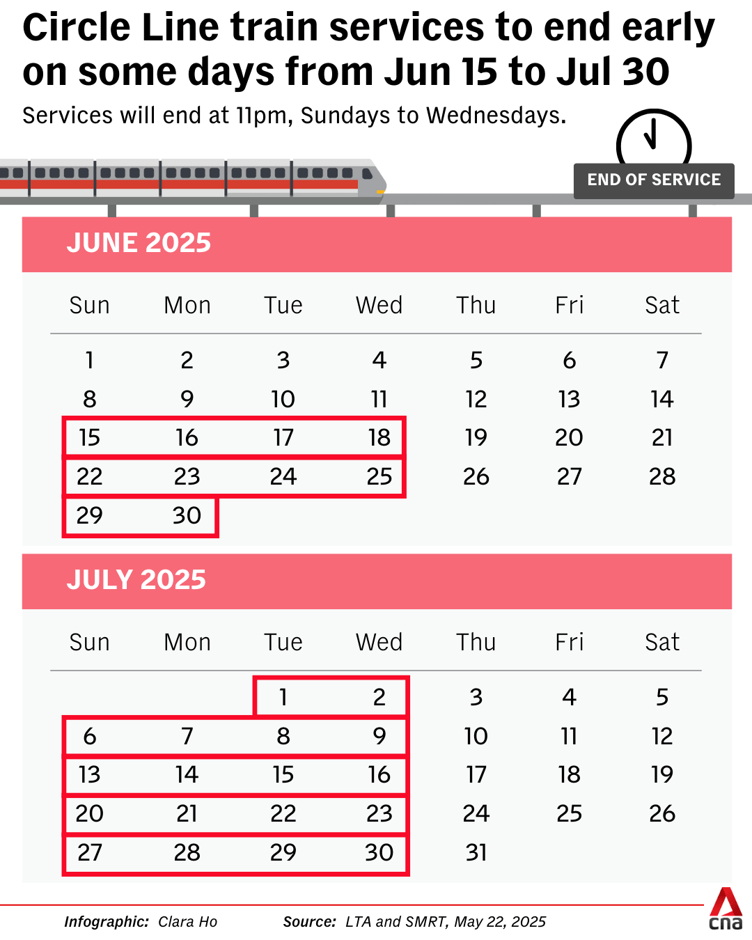 Circle Line train services to end early on some days from Jun 15 to Jul ...
