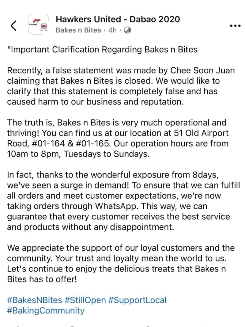 Elderly hawkers’ bakery sales drop after Dr Chee Soon Juan’s social media post initially claims ...