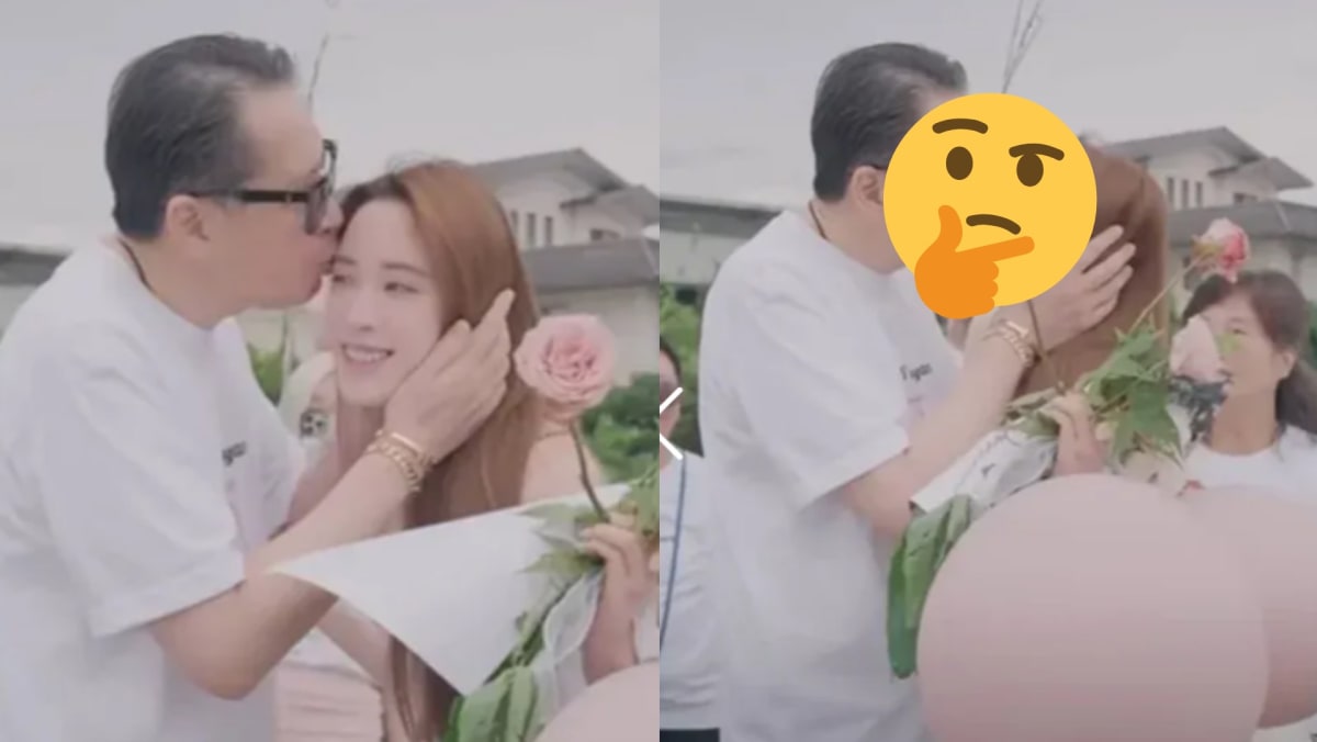 Taiwanese actor Ouyang Long kissing daughter Nini on the lips at her engagement party has ...