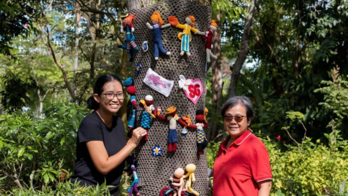 Pokok di Taman Tasik Jurong dililit kain kait warna-warni sempena Hari ...