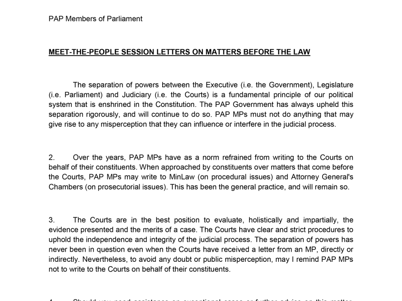 PAP MPs reminded not to write to the courts on behalf of constituents ...
